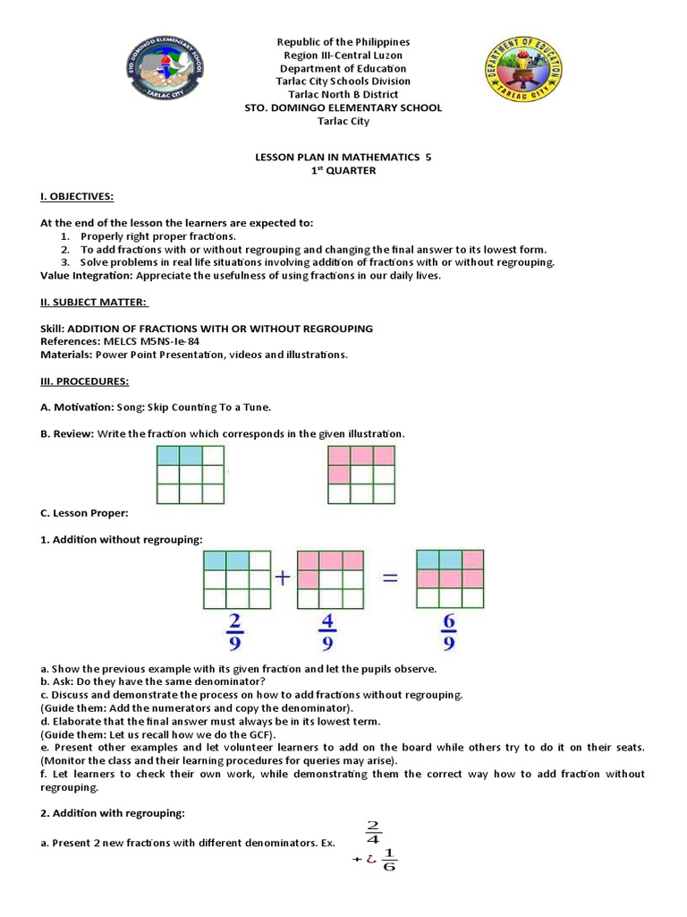 Cot2022-1st Quarter-Math - Addition of Fractions With or Without Regrouping | PDF | Learning ...