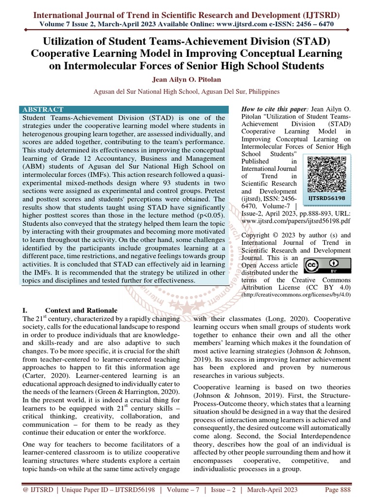 Utilization of Student Teams Achievement Division STAD Cooperative Learning Model in Improving ...