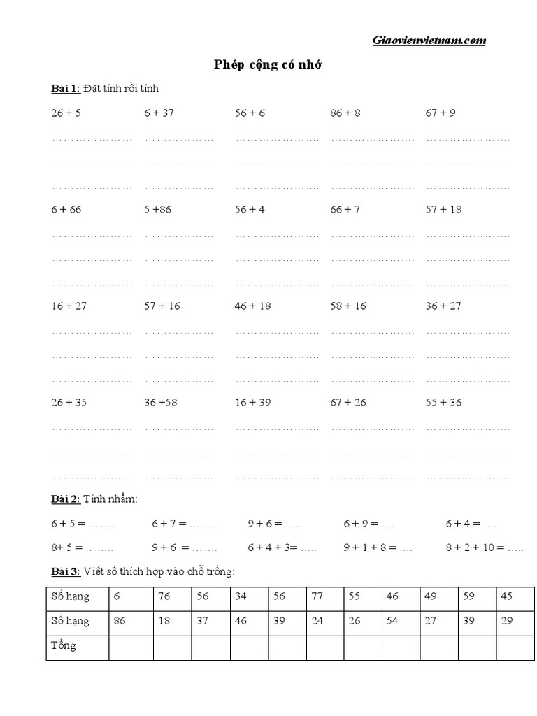 Bai Tap Toan Lop 2 Phep Cong Co Nho | PDF