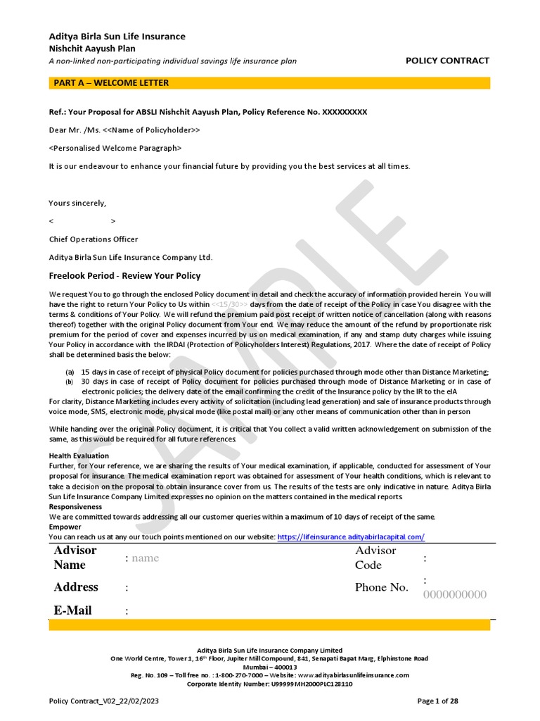 ABSLI Nishchit Aayush Plan Policy | PDF | Insurance | Life Insurance