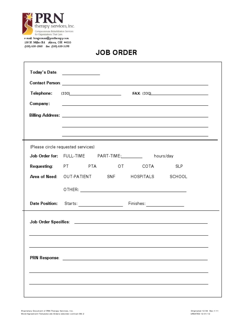Job Order Template for Therapy Services | PDF | Legal Liability ...