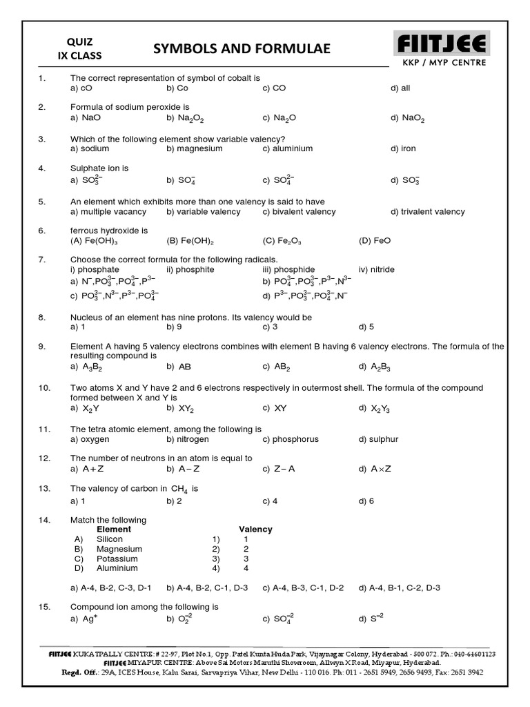 9th+class Symbols+and+formulae Chemistry Quiz+ (CMD) | PDF | Ion ...