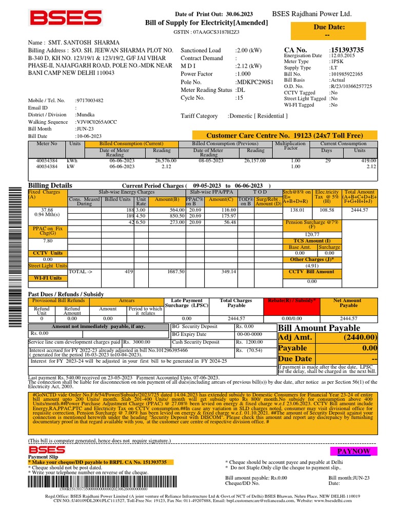 Bill of Supply For Electricity (Amended) Due Date: - : BSES Rajdhani Power LTD | PDF | Cheque ...