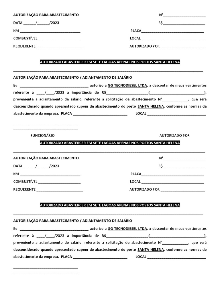 Autorização para Abastecimento N | PDF | Negócios | Finanças e ...