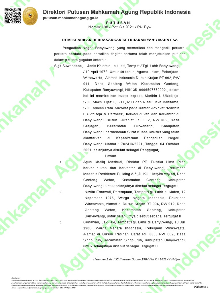 Putusan 198 PDT.G 2021 PN Byw 20230612074504 | PDF