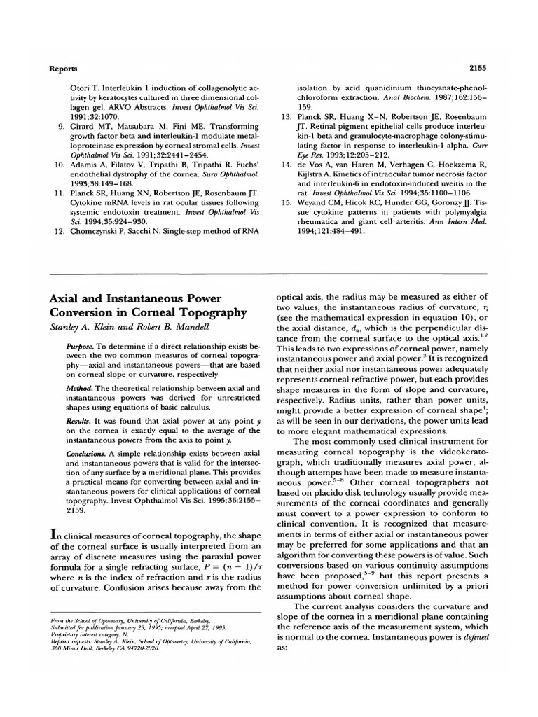 Axial and Instantaneous Conversion in Corneal Topography | PDF | Cornea ...