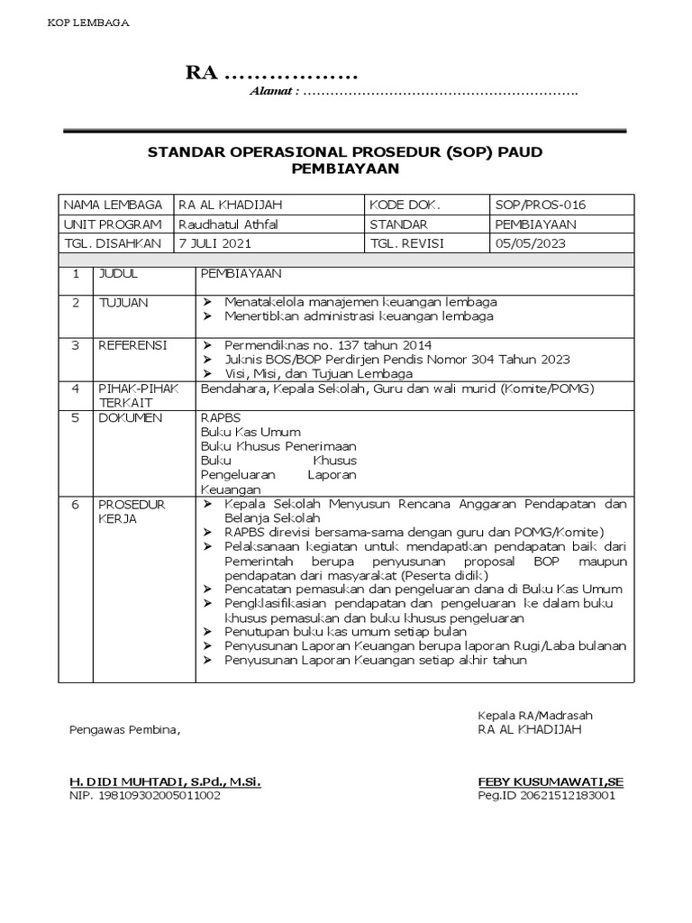 Contoh Sop Pembiayaan Pada Ra | PDF