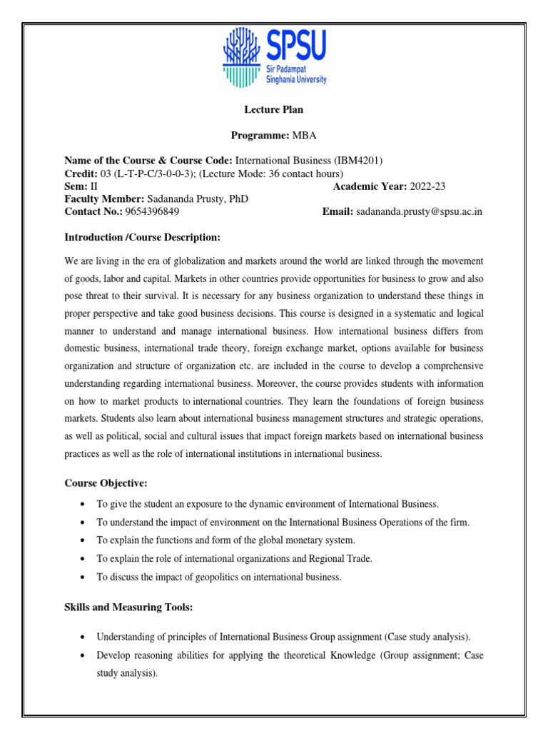 Lecture Plan - IB - IBM4201 - MBA Sem-II - 2022-23 | PDF | Business | Art