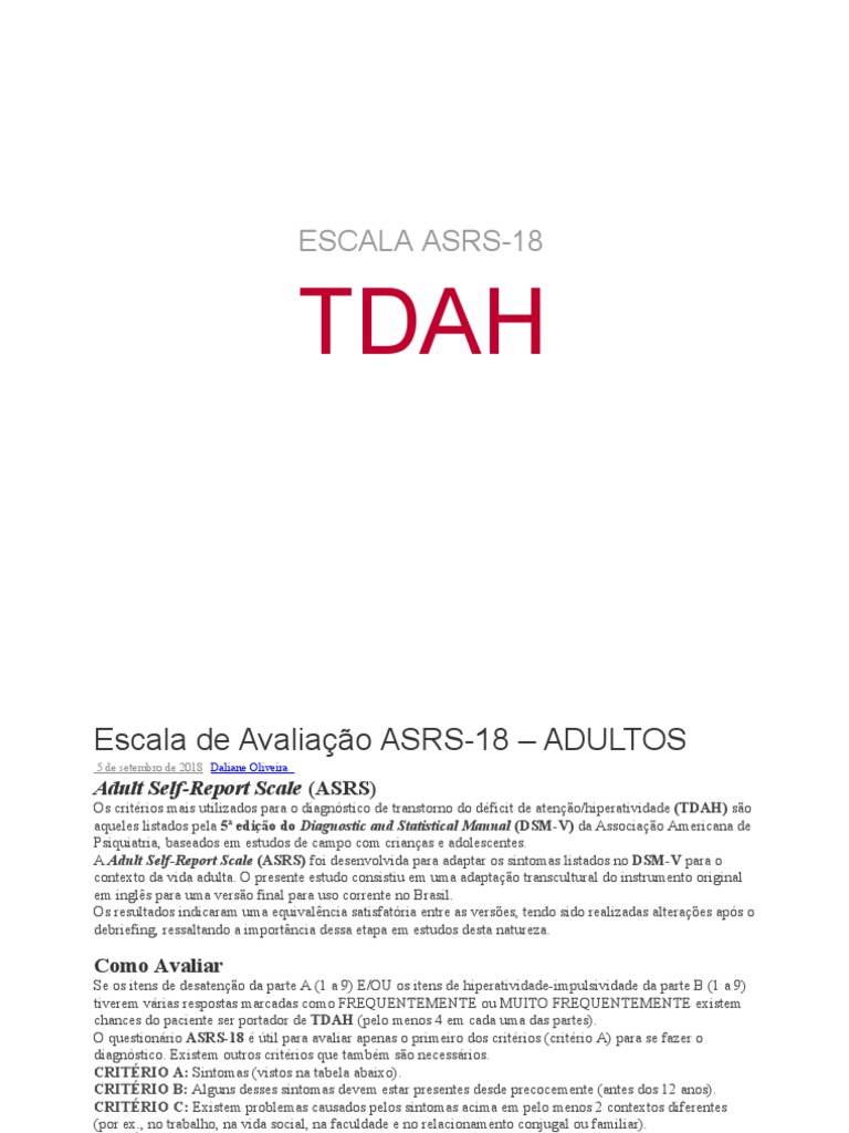 Asrs-18. Tdah | PDF | Transtorno de déficit de atenção e hiperatividade ...