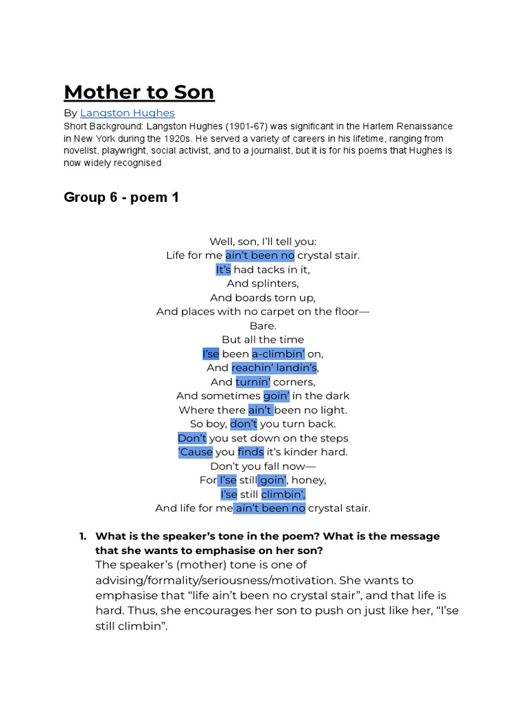 Poem - Mother To Son by Langston Hughes | PDF | Poetry | Stairs
