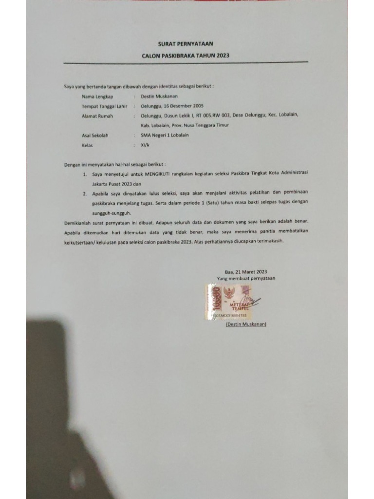 Surat Pernyataan Paskibraka | PDF