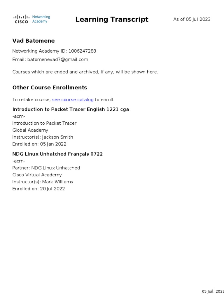 NetAcad Learning Transcript | PDF | Computers