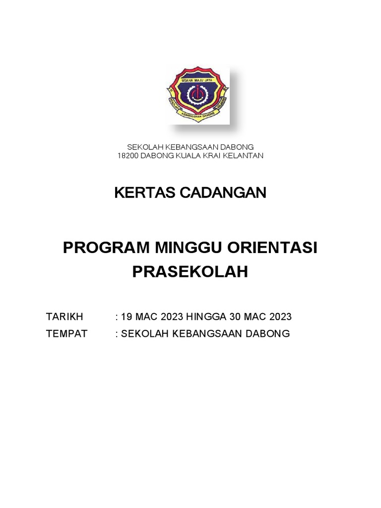 Kertas Kerja Minggu Orientasi Prasekolah 2023 | PDF