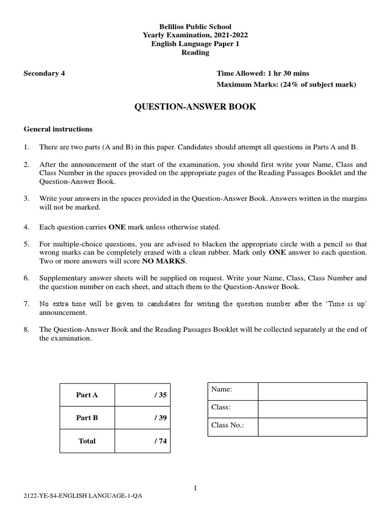 Question-Answer Book: Belilios Public School Yearly Examination, 2021 ...