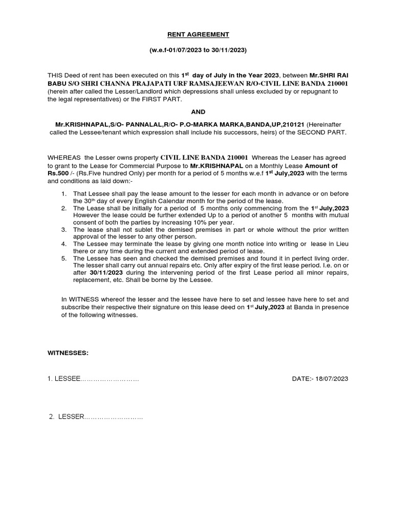 Rent Agreement and Noc-1 | Download Free PDF | Lease | Consent