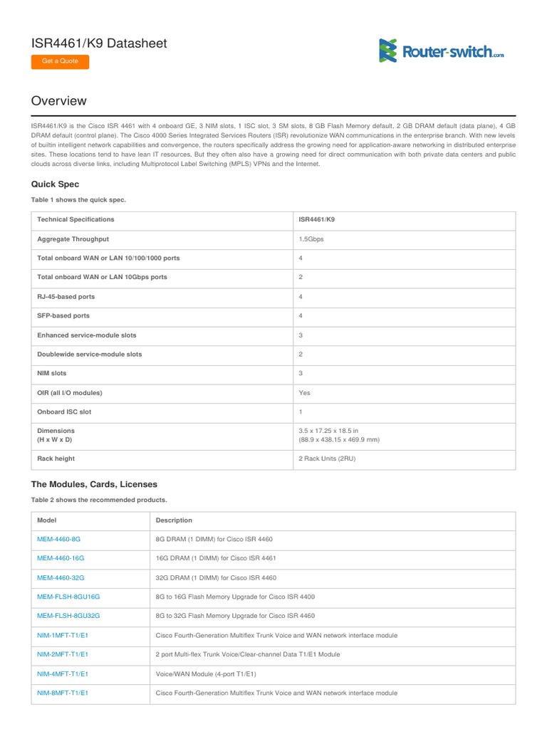 Isr4461 k9 Datasheet | PDF | Information And Communications Technology | Computer Network