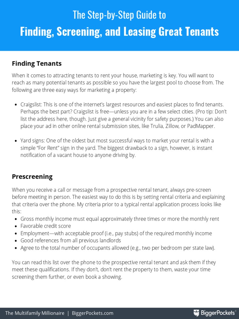 Finding, Screening, and Leasing Great Tenants | PDF | Lease | Renting