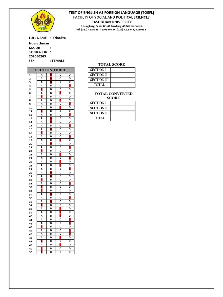 TOEFL Answer Sheet Template | PDF