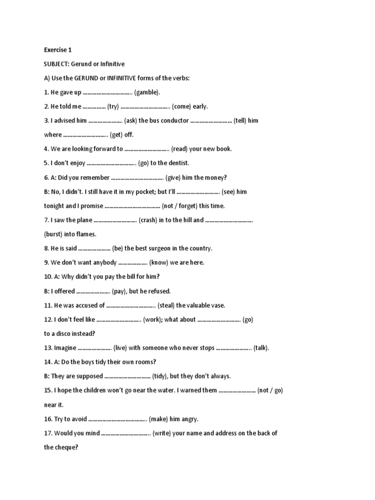 12-Gerunds and Infinitives Worksheet 2 | PDF