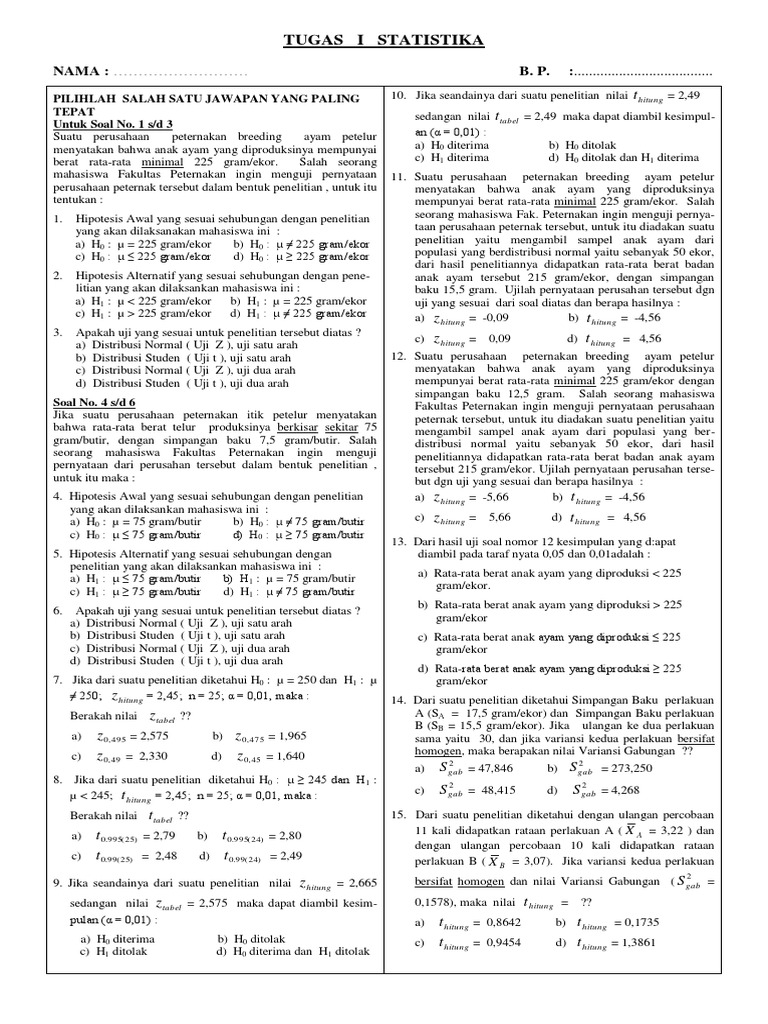Soal Tugas Statistik II A | PDF
