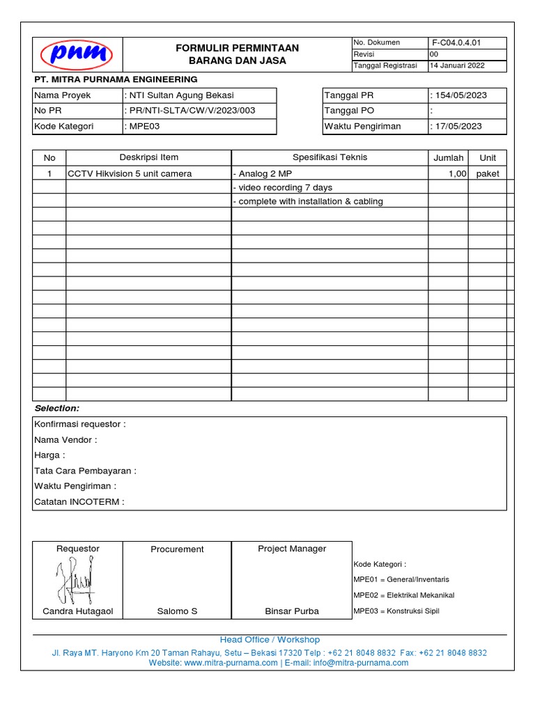 NTI Sultan Agung Bekasi - PR 003 - Temporary CCTV | PDF