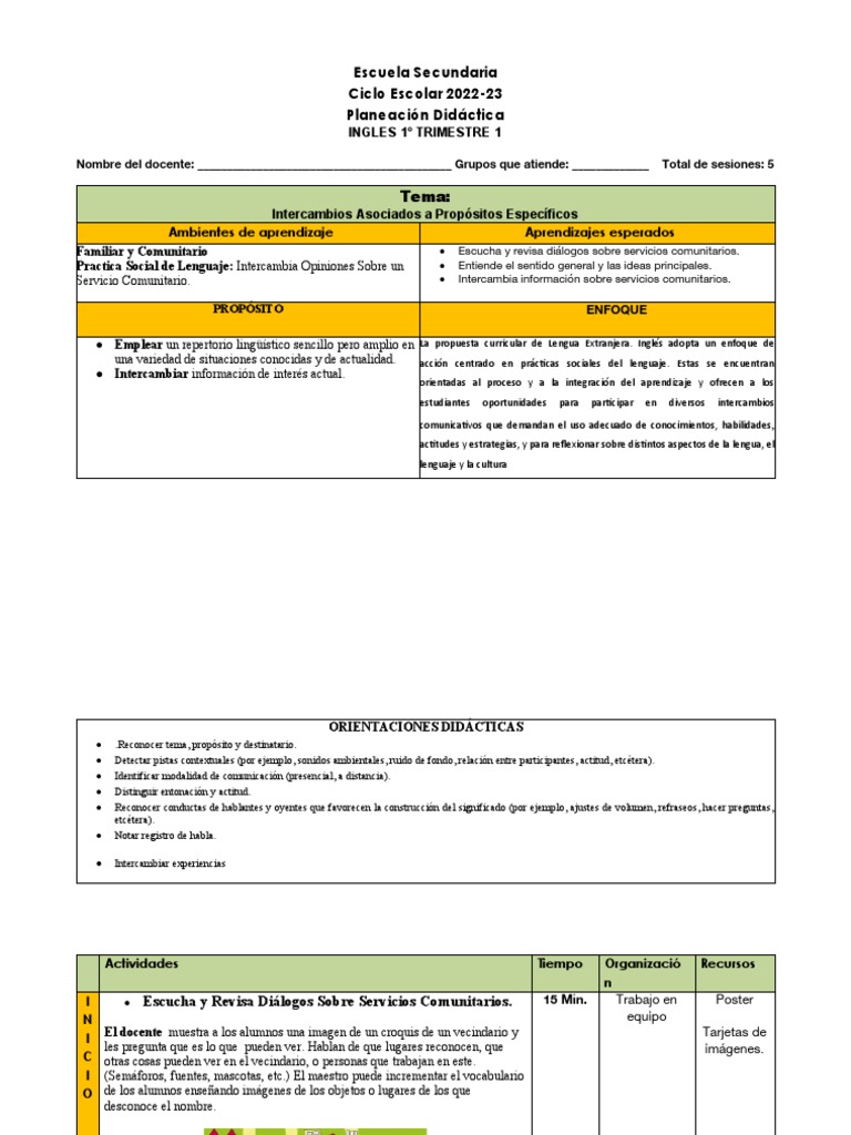 Planeacion Ingles 1 Trim 1 22-23 | PDF | Aprendizaje | Lingüística