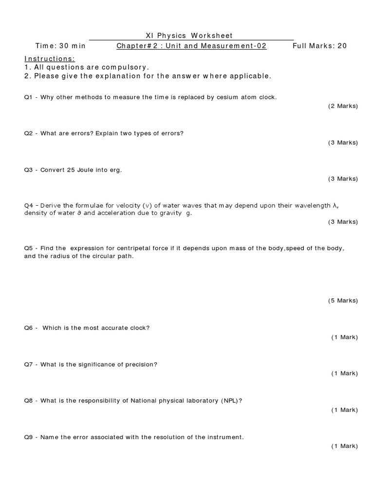 CBSE Class 11 Physics Worksheet - Unit and Measurement | PDF