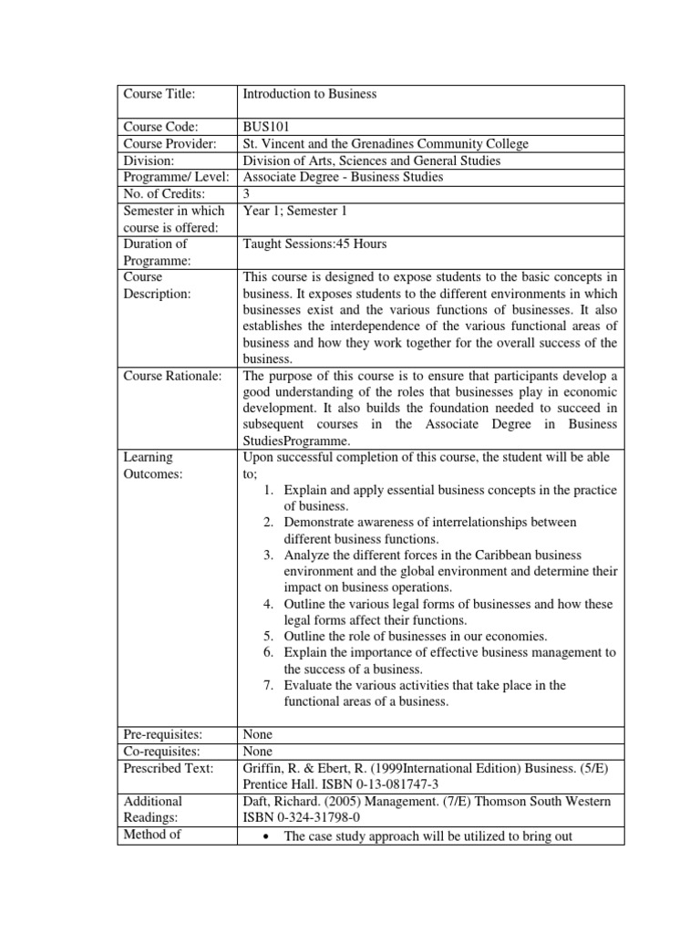 BUS101 Introduction To Business Course Outline | PDF