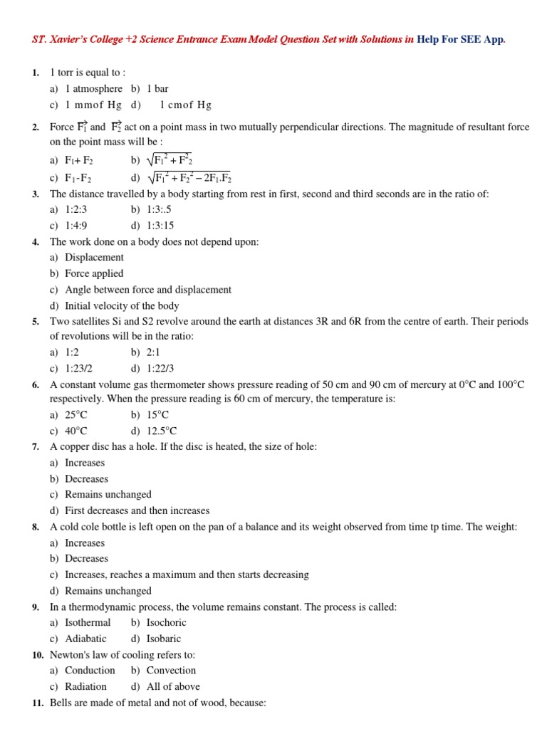 ST. Xavier - S College +2 Science Entrance Exam Model Question Set 10 ...