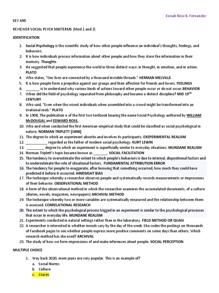 Social Psychology Test Reviewer (Mod 1 & 2) Key Answer | PDF ...
