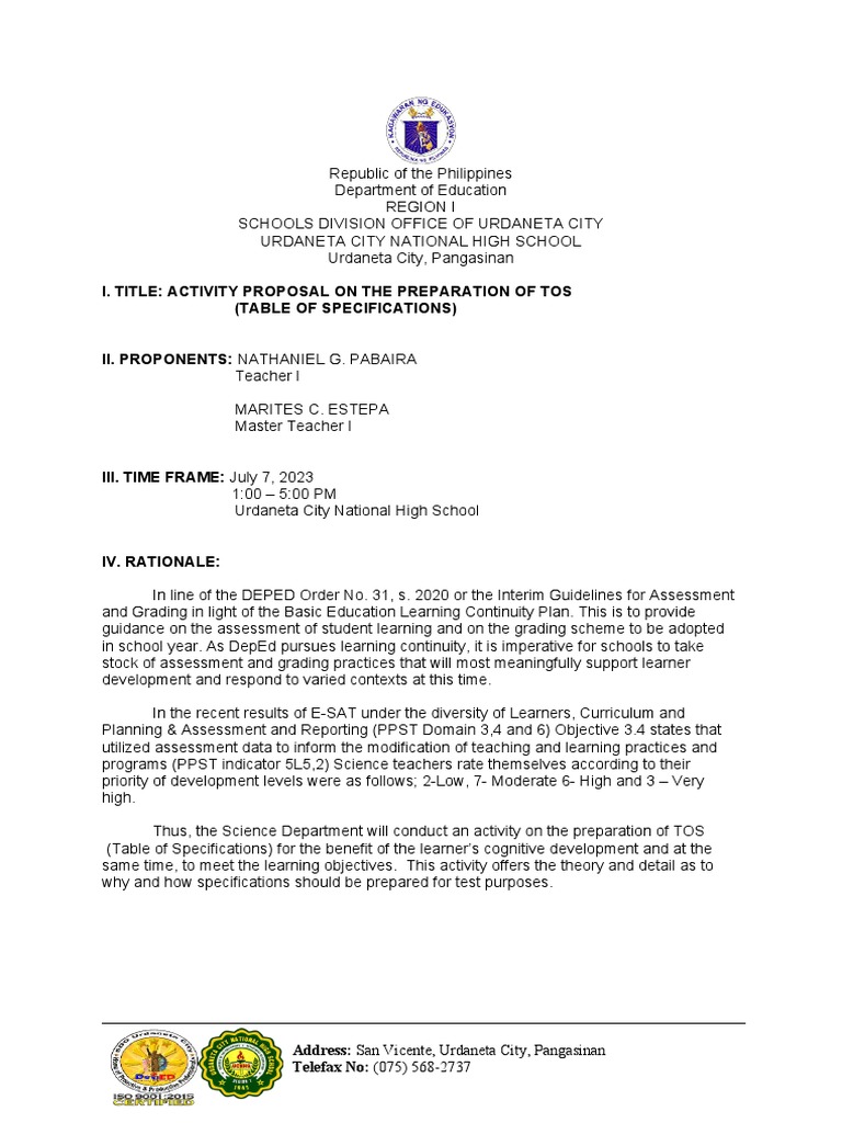 Lac Table of Specifications | PDF | Learning | Teachers
