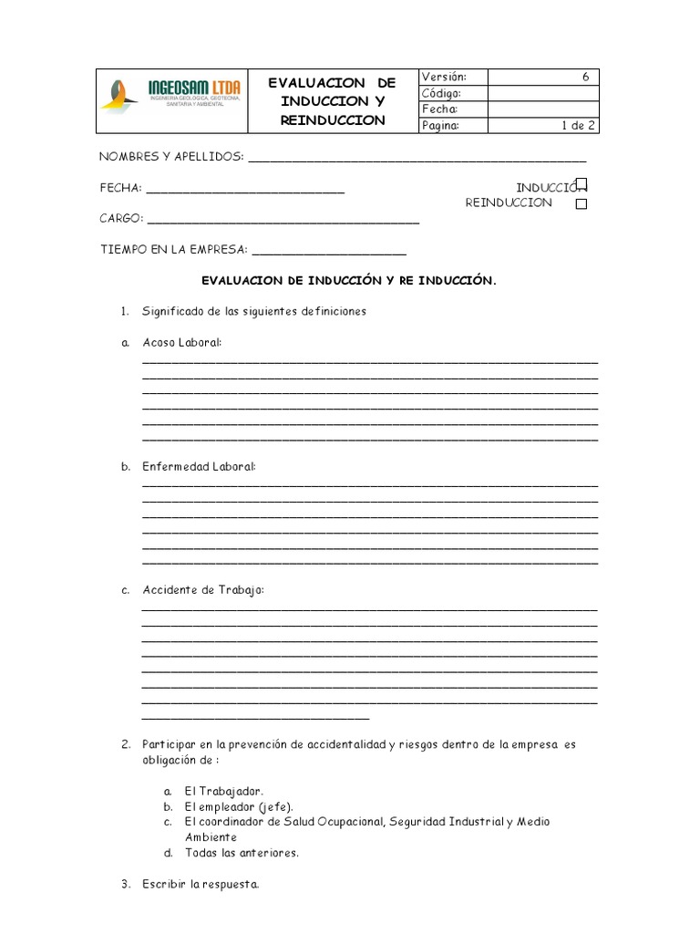 EVALUACION DE INDUCCION Y REINDUCCION Act | PDF EVALUACION DE INDUCCION Y REINDUCCION Act | PDF