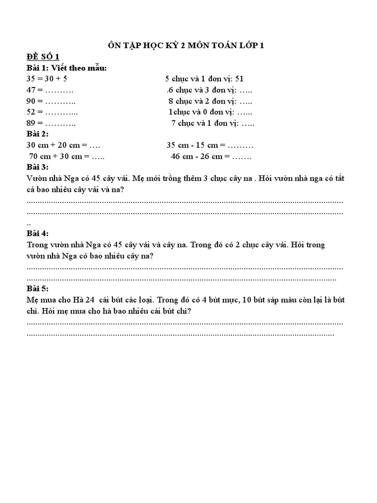 30 ĐỀ ÔN HKII TOAN LỚP 1 | PDF