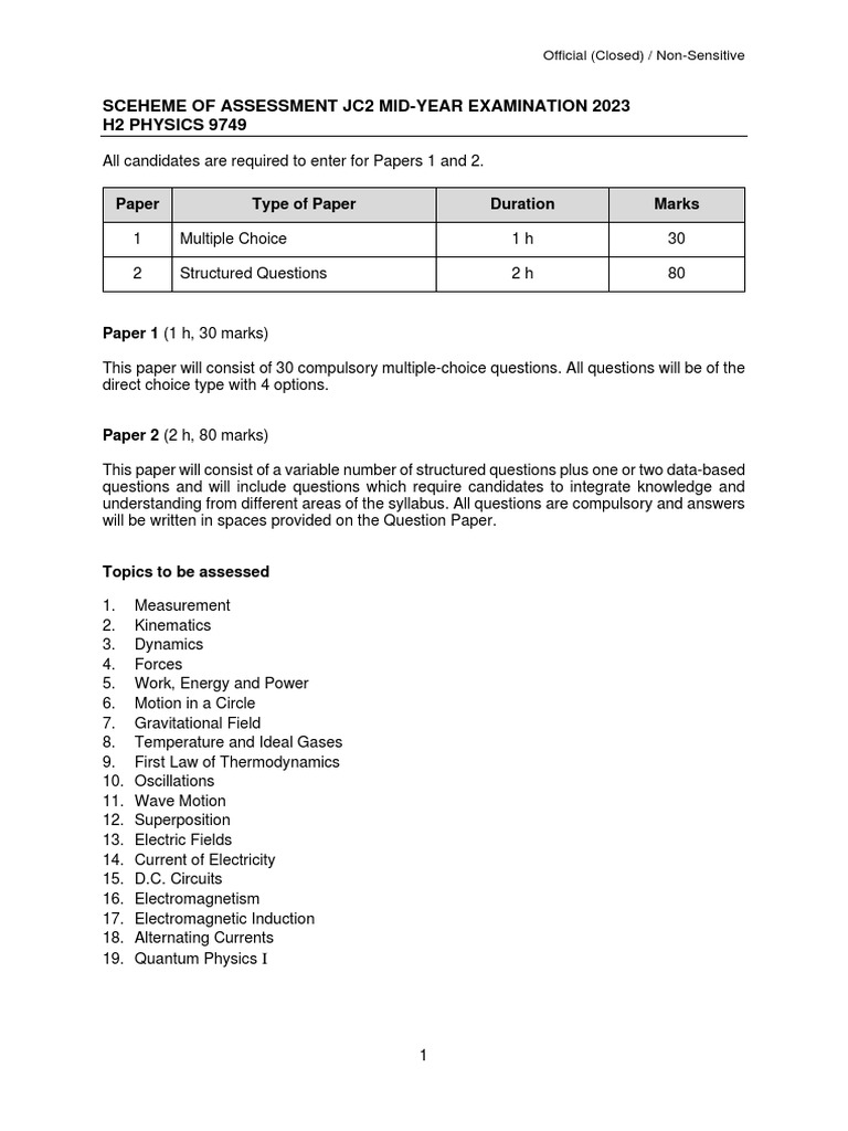 Scheme of Assessment H2 Physics JC2 MYE Exam 2023 | PDF | Physics | Multiple Choice