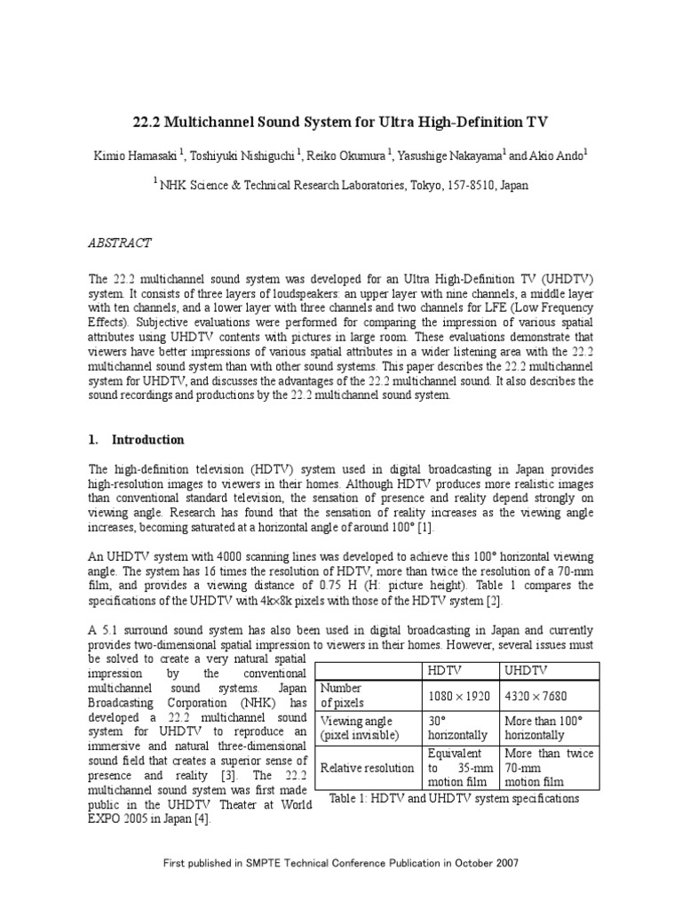 22.2 Multichannel Sound System For Ultra High-Definition TV | PDF | Bit ...