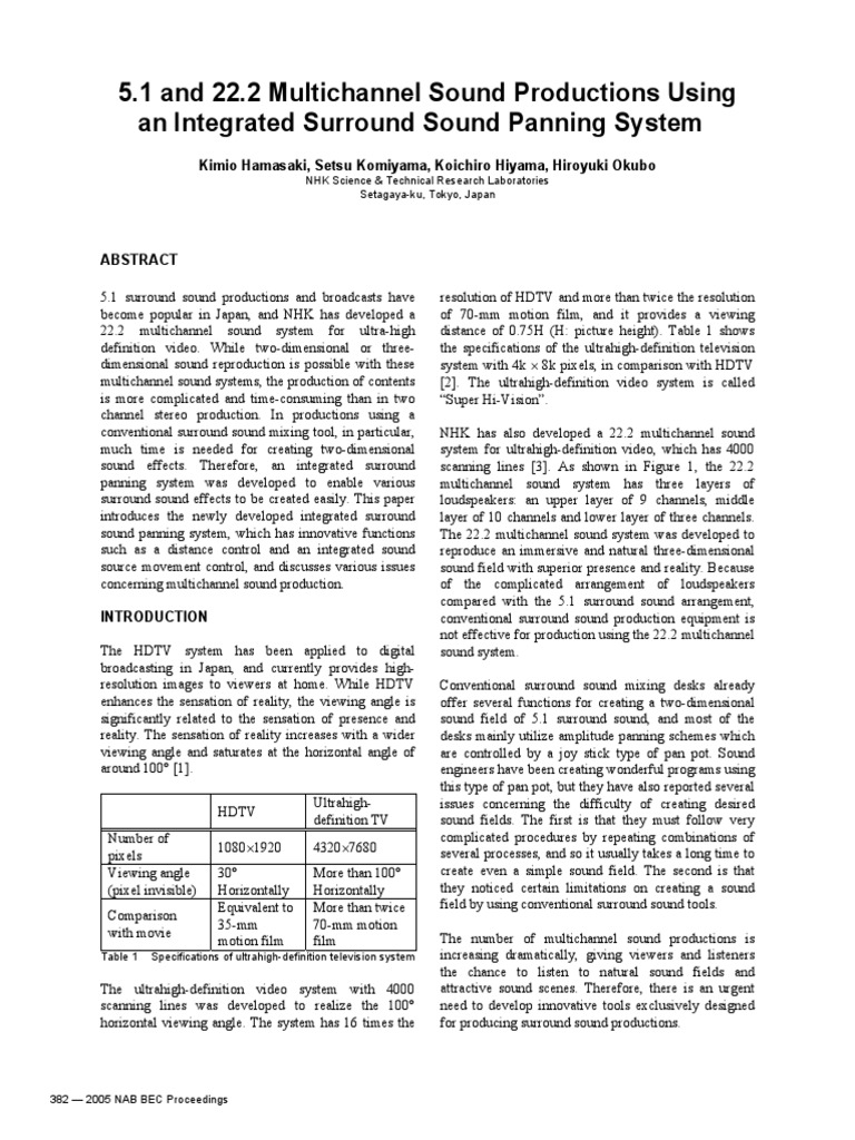 5.1 and 22.2 Multichannel Sound Productions Using An Integrated Surround Sound Panning System ...