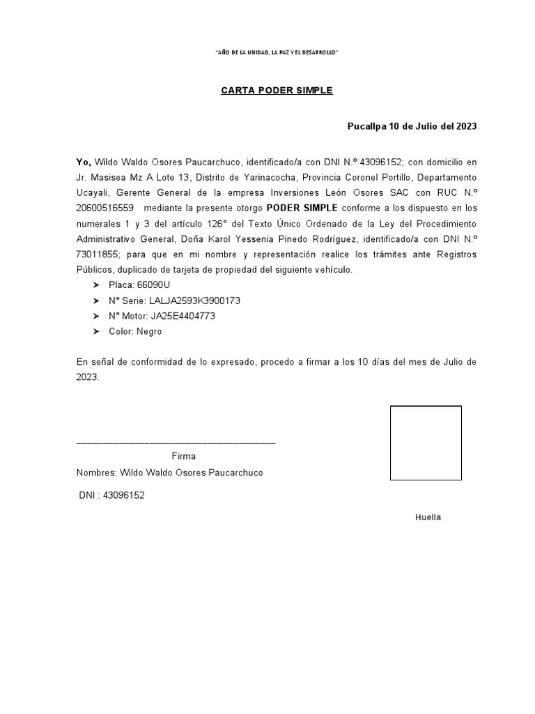 Formato de Carta Poder Simple | PDF