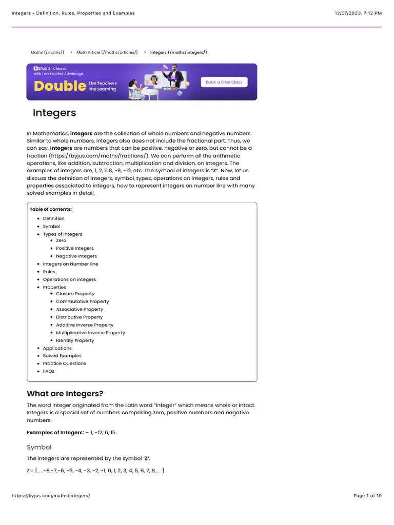 Integers - Definition, Rules, Properties and Examples | PDF