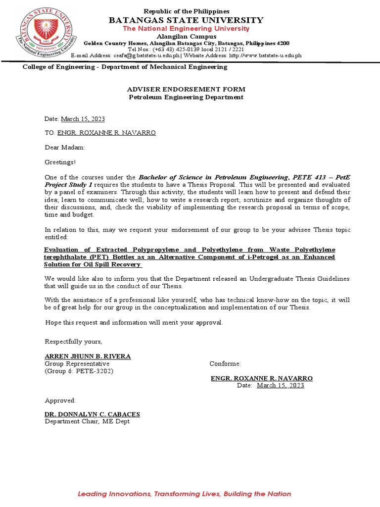 Adviser Endorsement Form | PDF | Thesis | Science