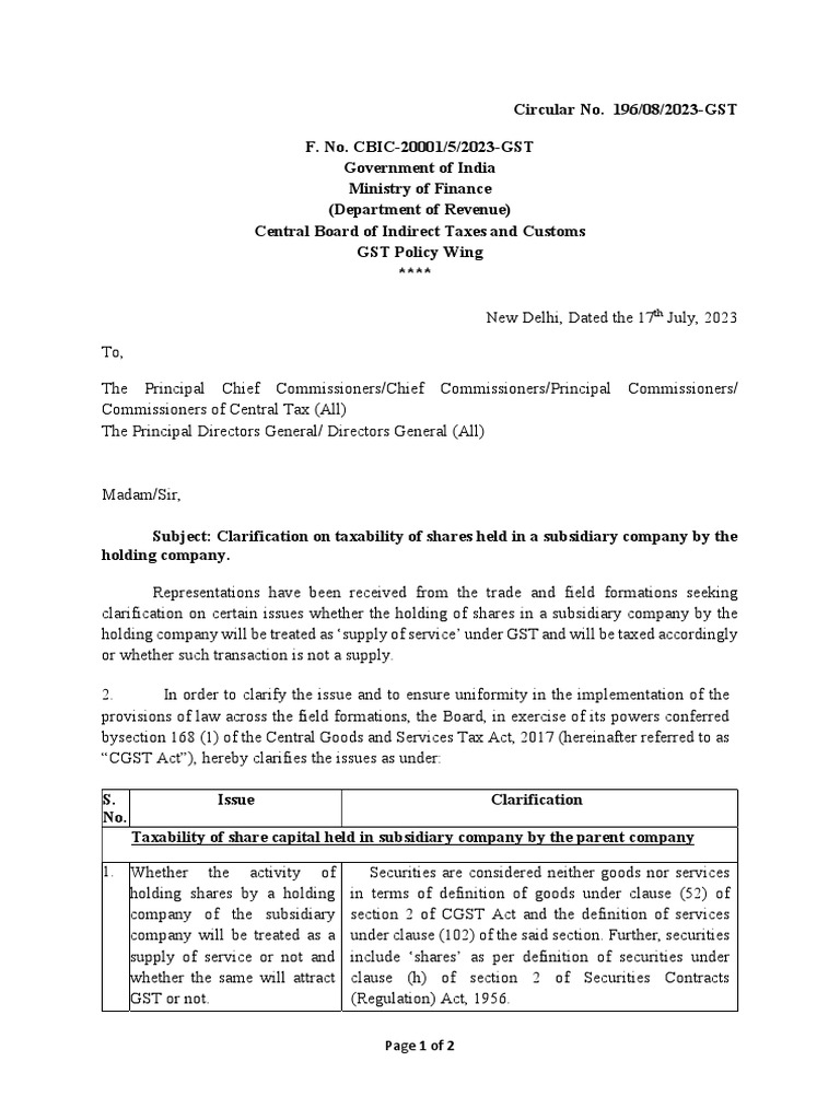 Circular CGST 196 | PDF | Business | Economies