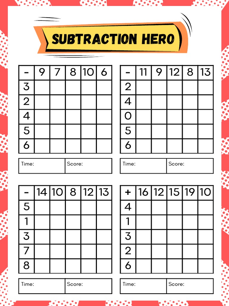 Subtraction Grid Hero Mathematics Worksheet | PDF