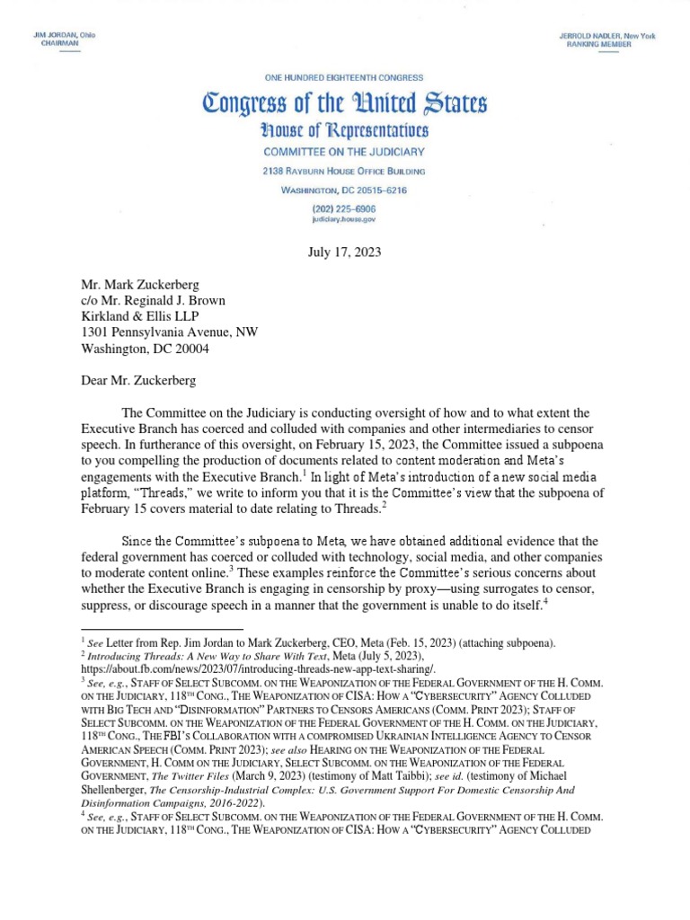 Read The Letter House Judiciary Chair Jim Jordan Sent Meta CEO Mark ...