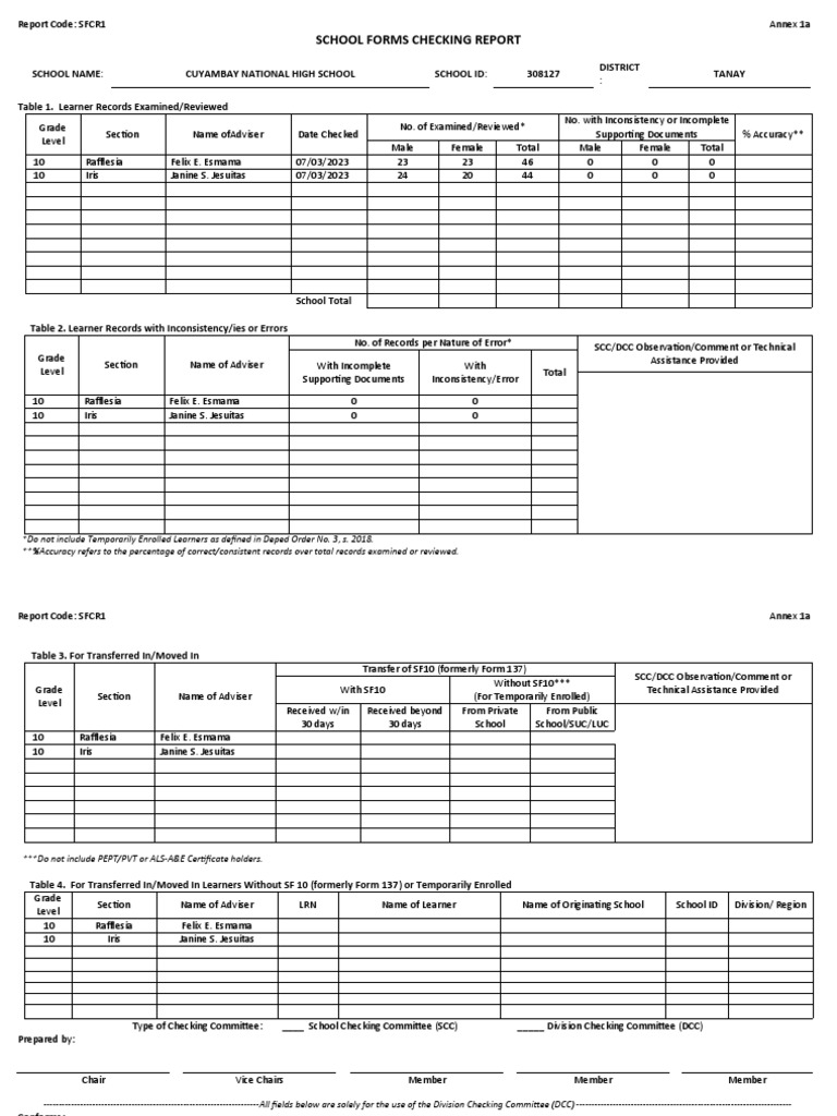 School Forms Checking Report (SFCR1) 2023 | PDF