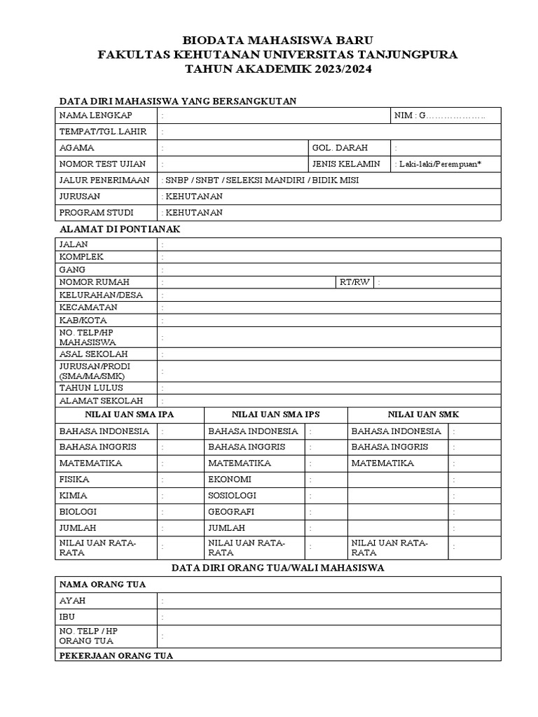 Form Biodata Mahasiswa Baru 2023 | PDF