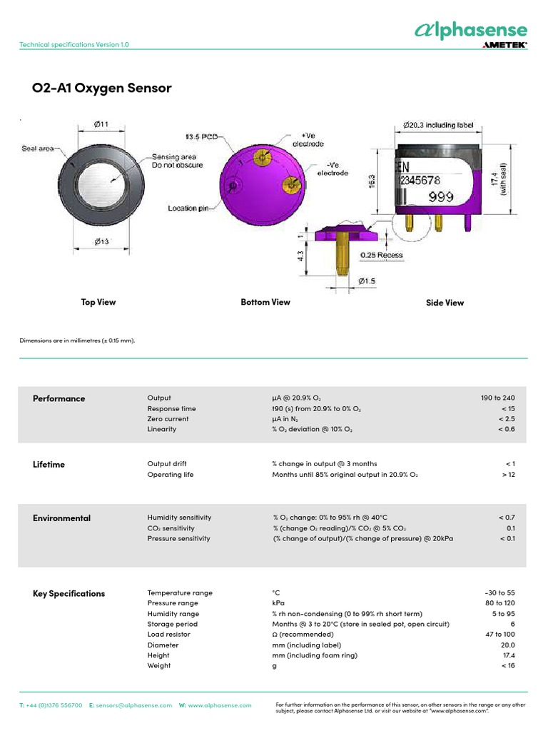 Alphasense O2-A1 Datasheet | PDF | Gases | Sensor