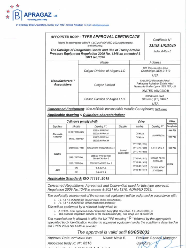 Apragaz LTD RHO Type Approval 23 - US UK - 5040 1 | PDF
