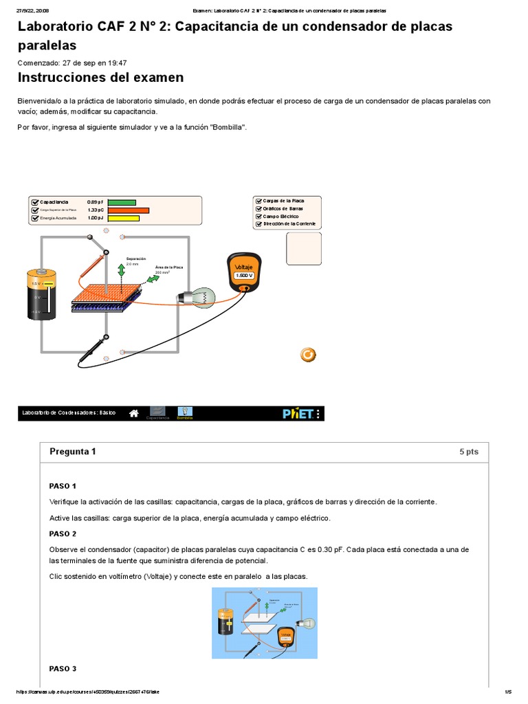 Examen - Laboratorio CAF 2 #2 - Capacitancia de Un Condensador de Placas Paralelas | PDF ...