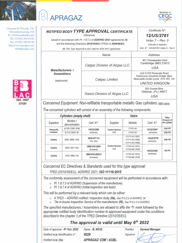 ISO 11118 Certificate Calgaz 12 US 2781 Index.7 Rev.0 Type 1.8.7.2 Calgaz USUK Gasco US 1 4 | PDF