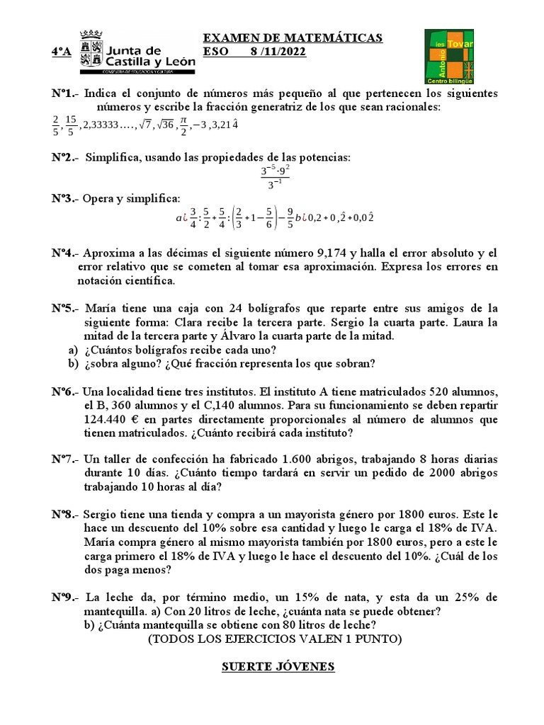 2023 Examen 4 Eso A Temas 1 y 2 | PDF | Objetos matemáticos | Matemáticas