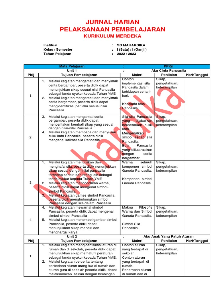 Jurnal Harian Kelas 1 Semester 1 Kurmer | PDF